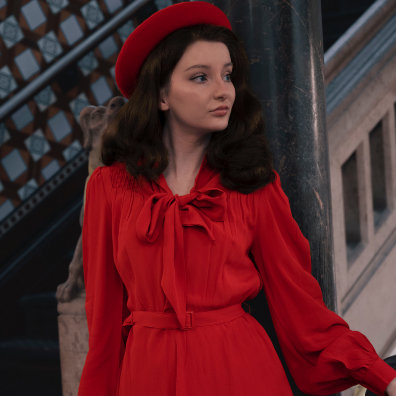 Eva Dress in Lipstick Red | Women's 1940s Style Pussy Bow Dress - The ...