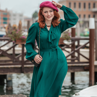 Eva Dress in Hampton Green | Women's 1940s Inspired Pussy Bow Dress ...