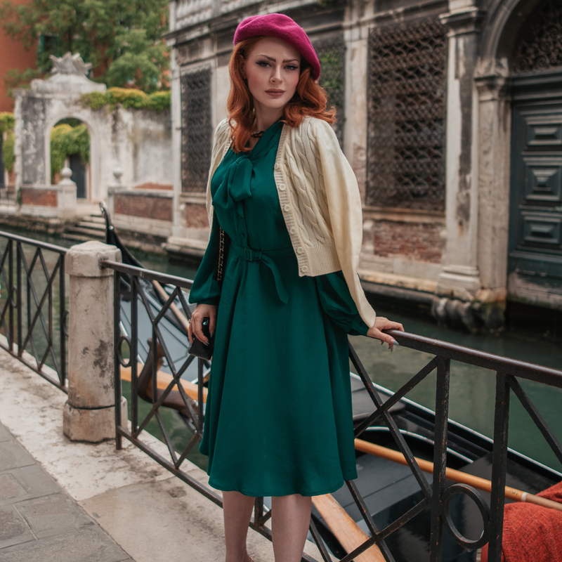 Eva Dress in Hampton Green | Women's 1940s Inspired Pussy Bow Dress ...