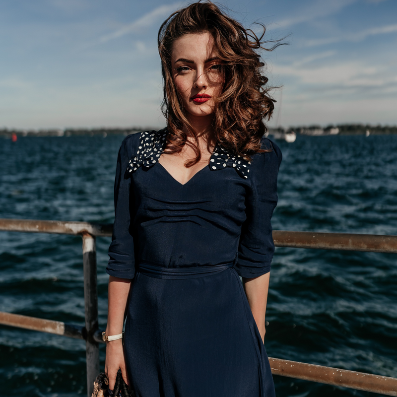 Veronica Dress in French Navy | Vintage 1940s Style Dress - The ...